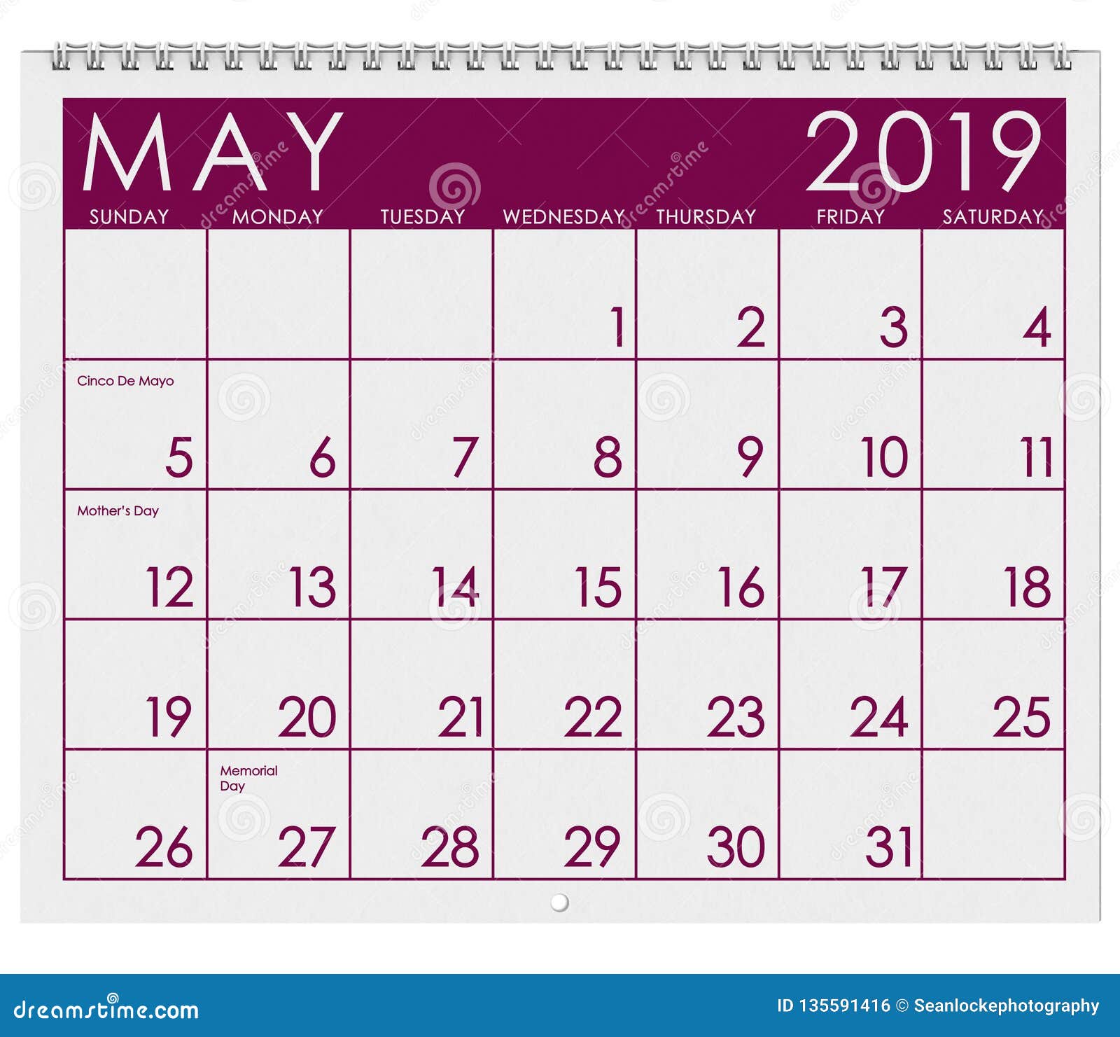2019: Calendario: Mes De Mayo Stock de ilustración - Ilustración de ...