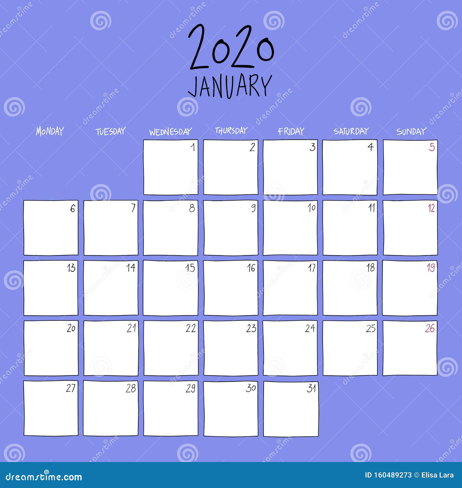Calendario Mural De Enero De 2020 Ilustración del Vector - Ilustración ...