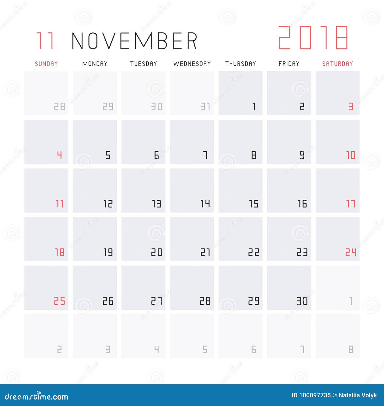 Calendario Noviembre De 2018 Ilustración del Vector - Ilustración de ...