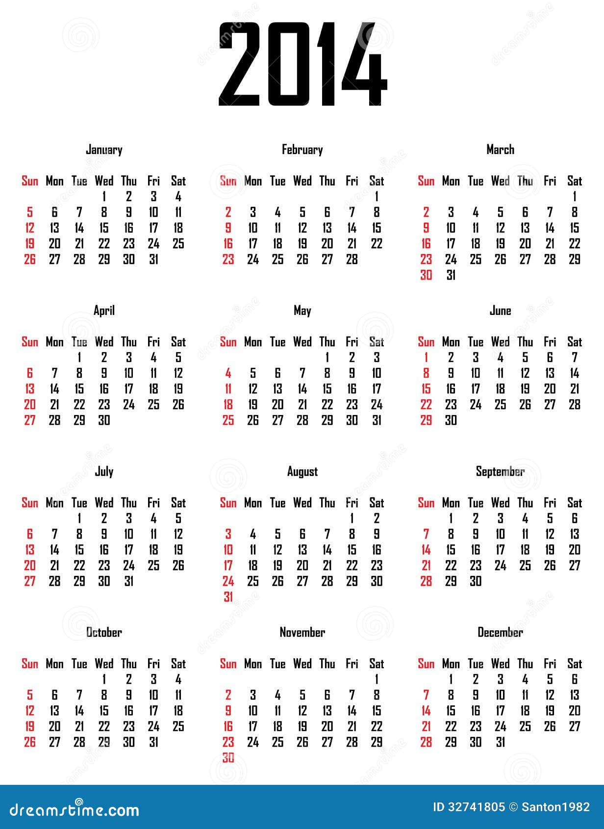 Calendario para 2014 ilustración del vector. Ilustración de rojo - 32741805