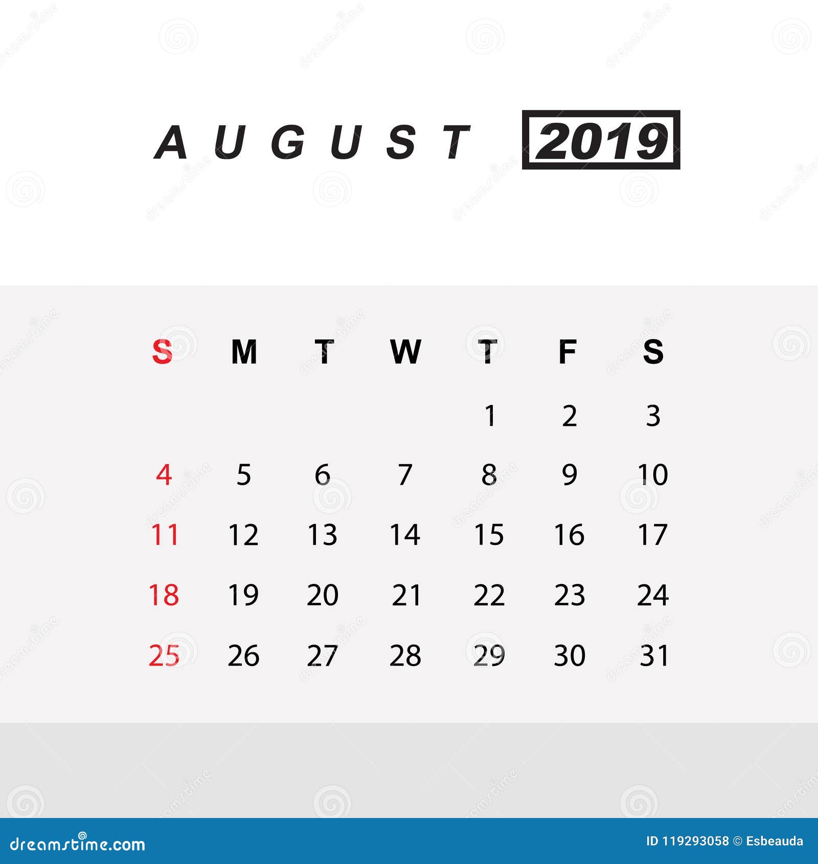 Calendario Para Agosto De 2019 Stock de ilustración - Ilustración de ...