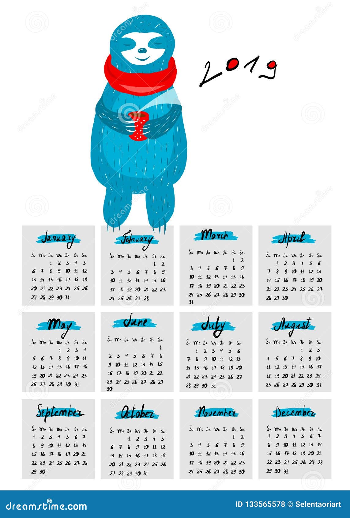 Calendario para 2019 con a ilustración del vector. Ilustración de ...