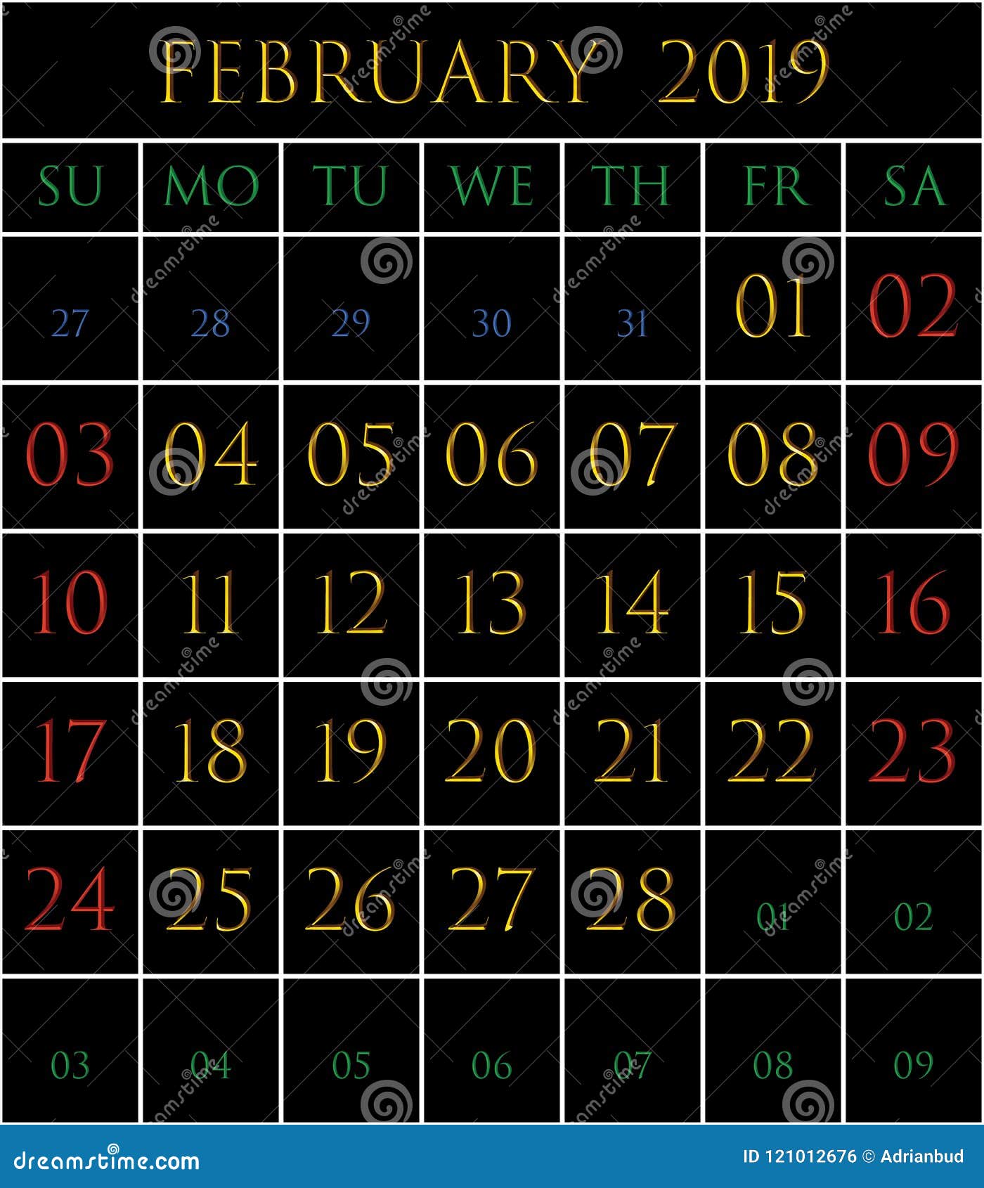 Calendario 2019 Para El Mes De Febrero Ilustración del Vector ...