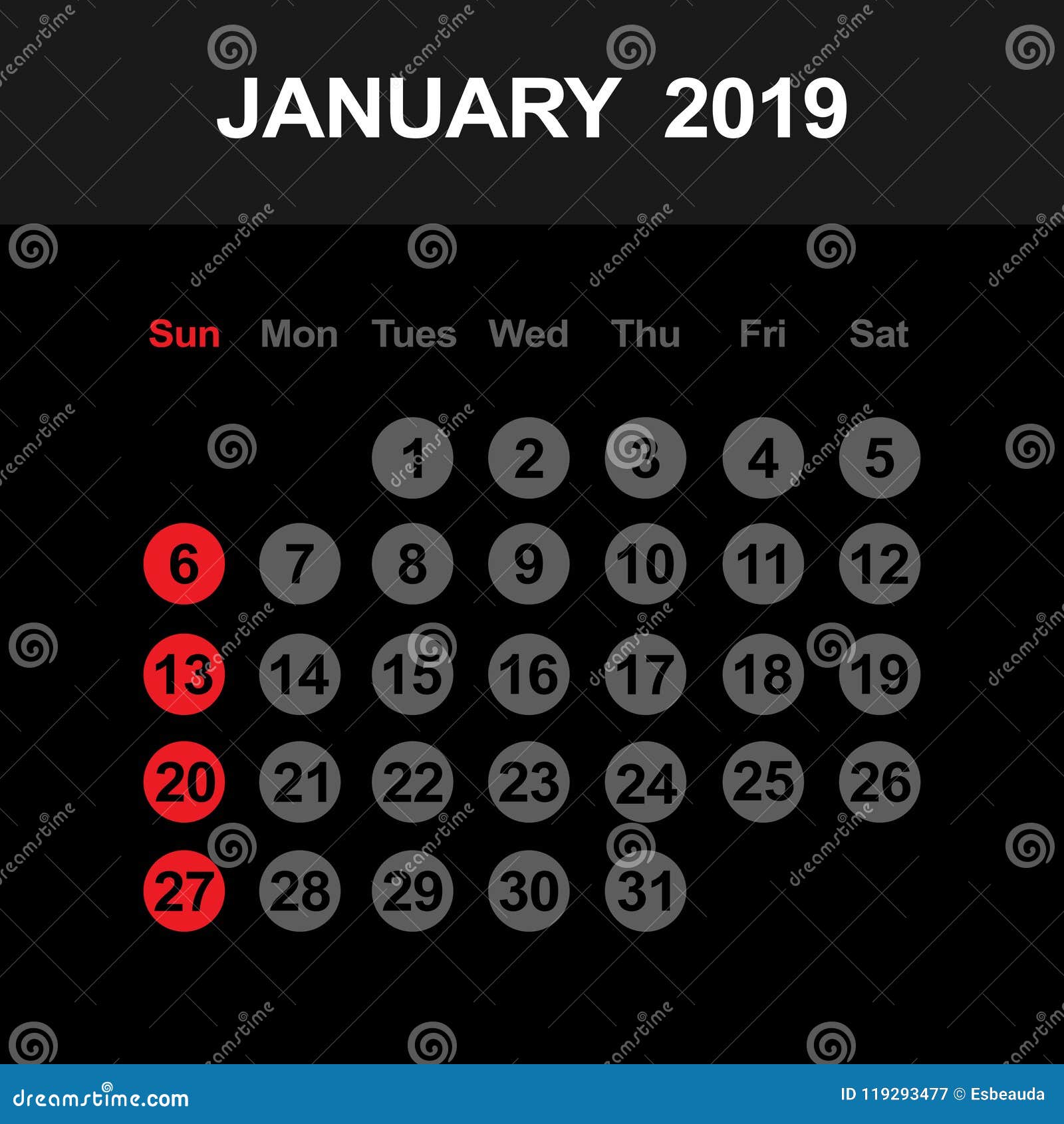 Calendario Para Enero De 2019 Stock de ilustración - Ilustración de ...