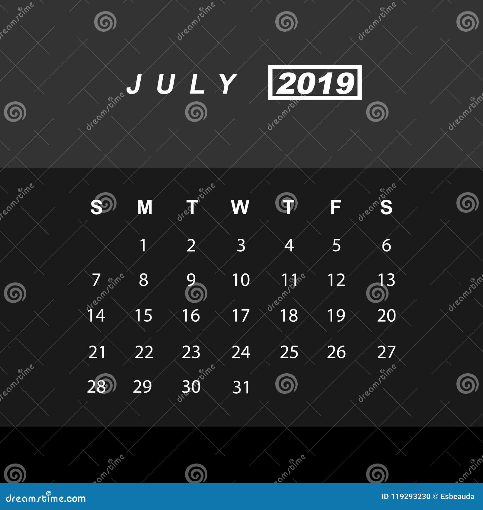 Calendario Para Julio De 2019 Stock de ilustración - Ilustración de ...
