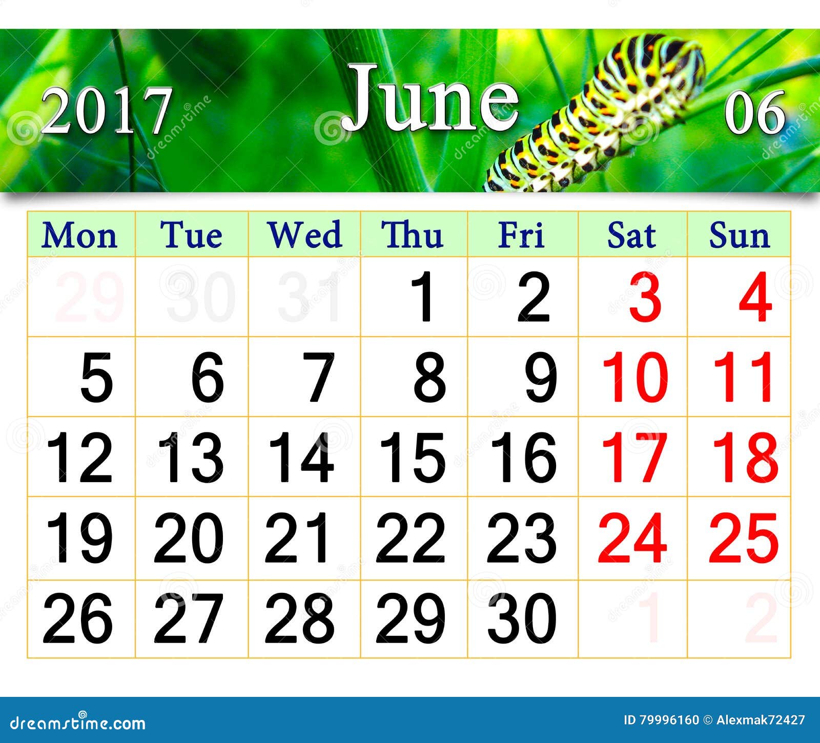 Calendario Para Junio De 2017 Con La Oruga Foto de archivo - Imagen de ...