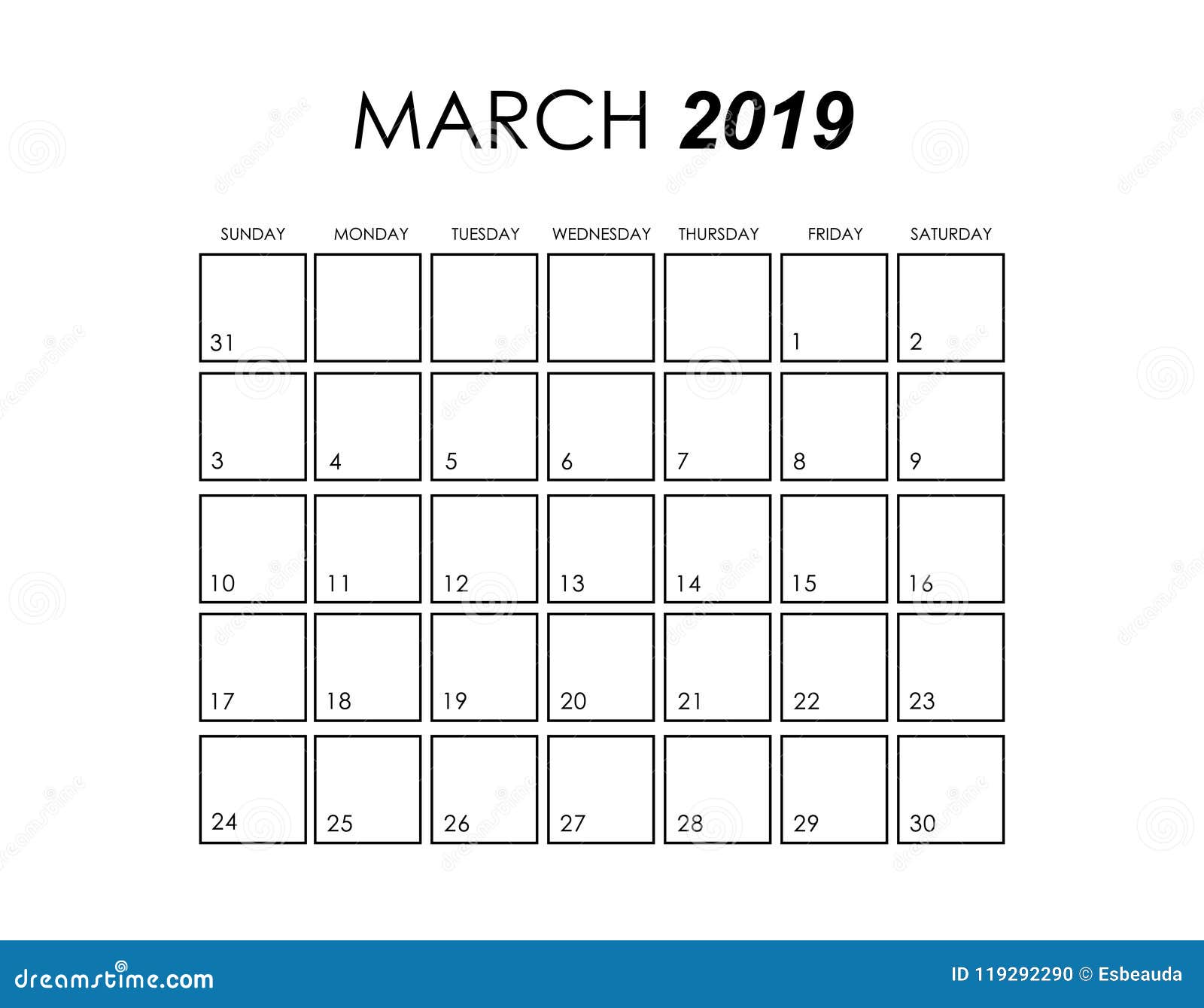 Calendario Para Marzo De 2019 Stock de ilustración - Ilustración de ...