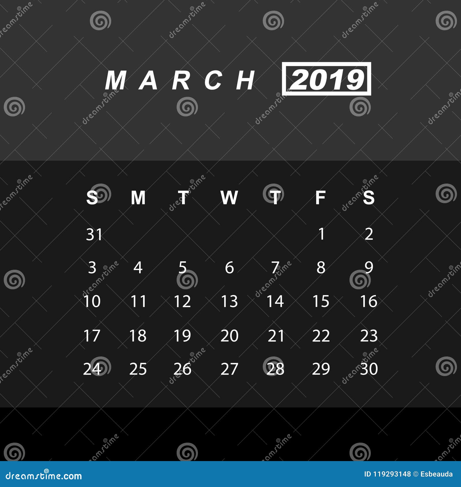 Calendario Para Marzo De 2019 Stock de ilustración - Ilustración de ...
