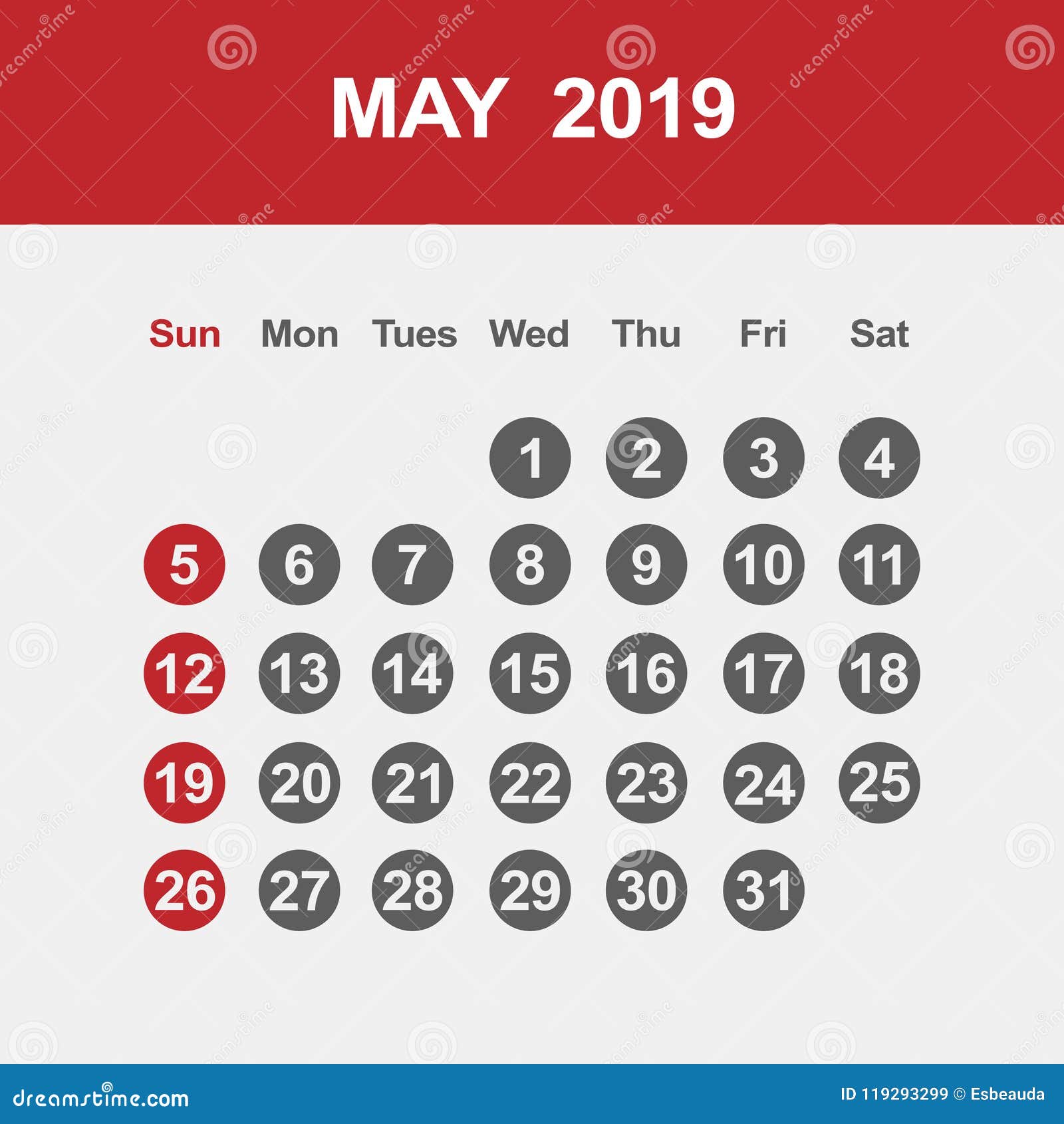 Calendario Para Mayo De 2019 Stock de ilustración - Ilustración de ...