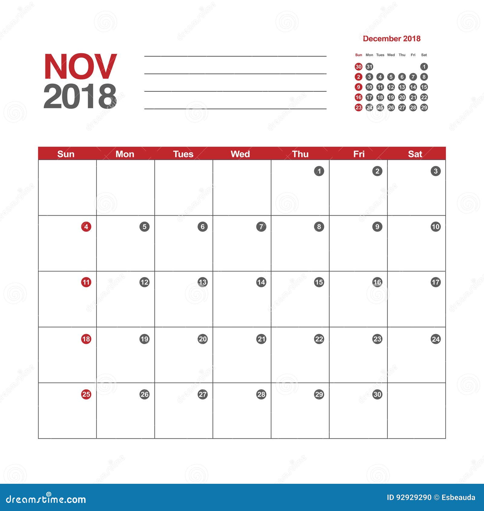 Calendario Para Noviembre De 2018 Ilustración del Vector - Ilustración ...