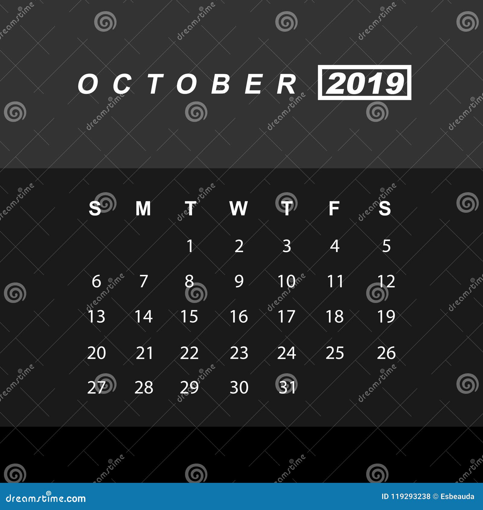 Calendario Para Octubre De 2019 Stock de ilustración - Ilustración de ...