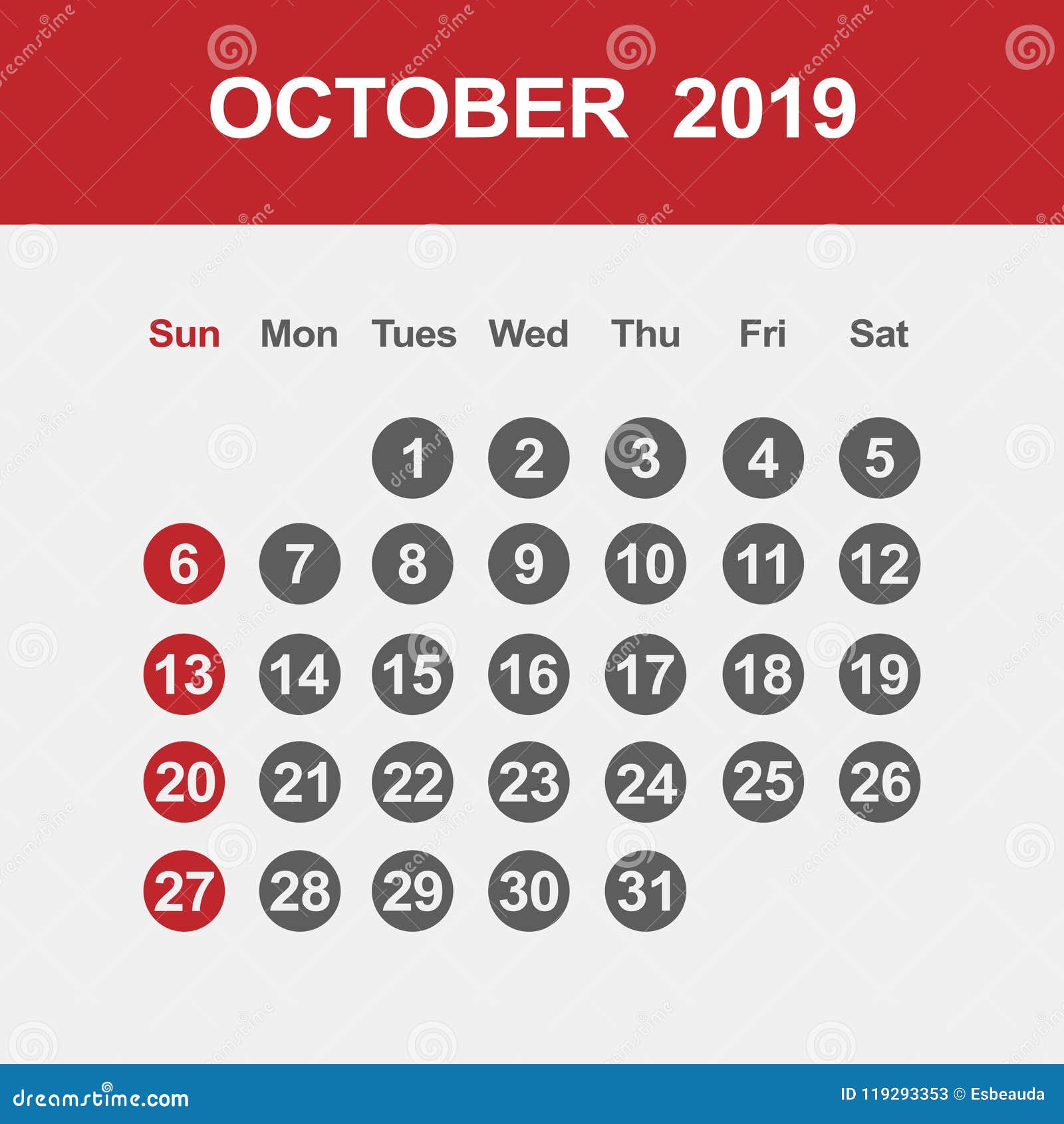 Calendario Para Octubre De 2019 Stock de ilustración - Ilustración de ...
