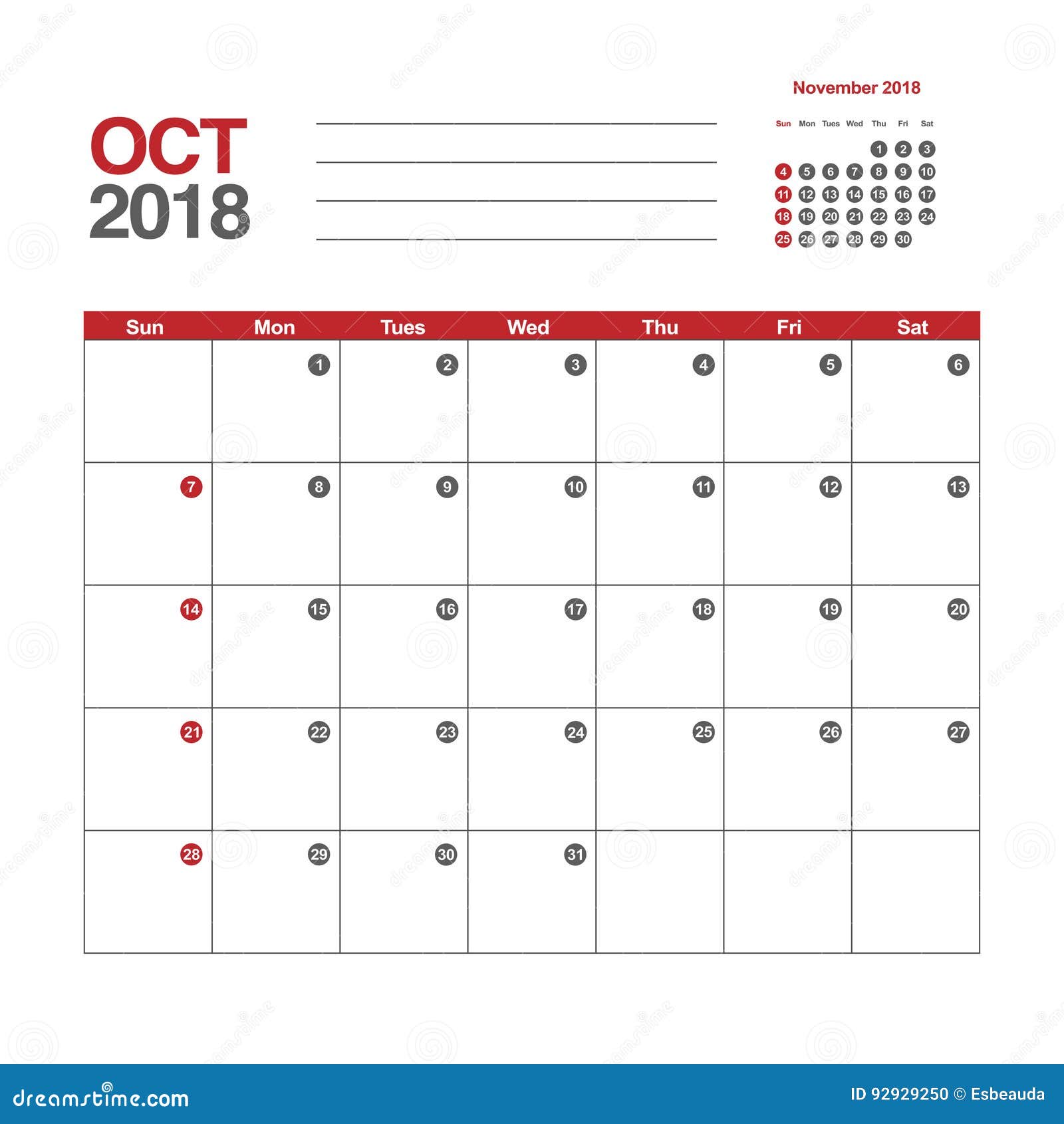 Calendario Para Octubre De 2018 Ilustración del Vector - Ilustración de ...