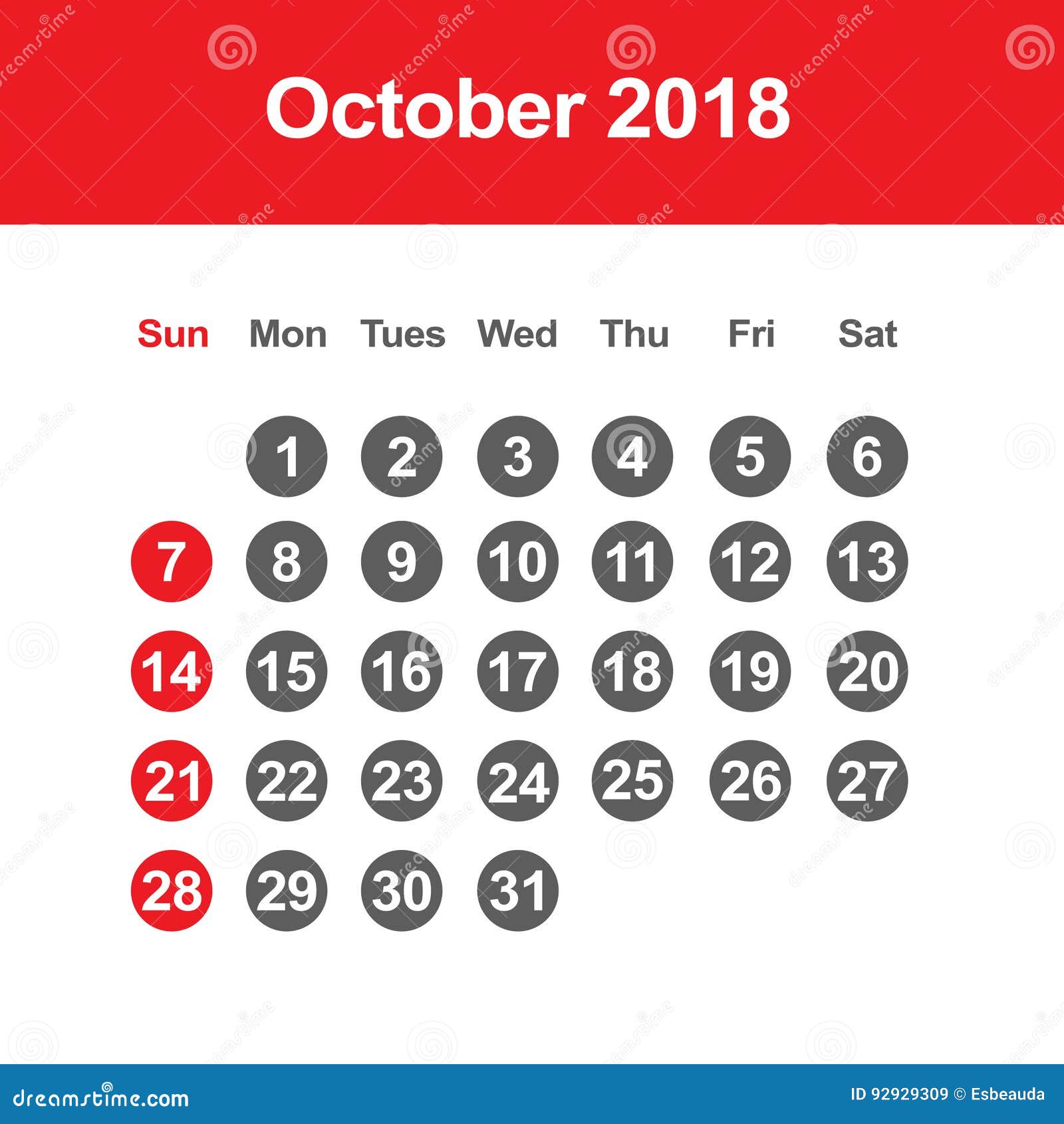 Calendario Para Octubre De 2018 Ilustración del Vector - Ilustración de ...