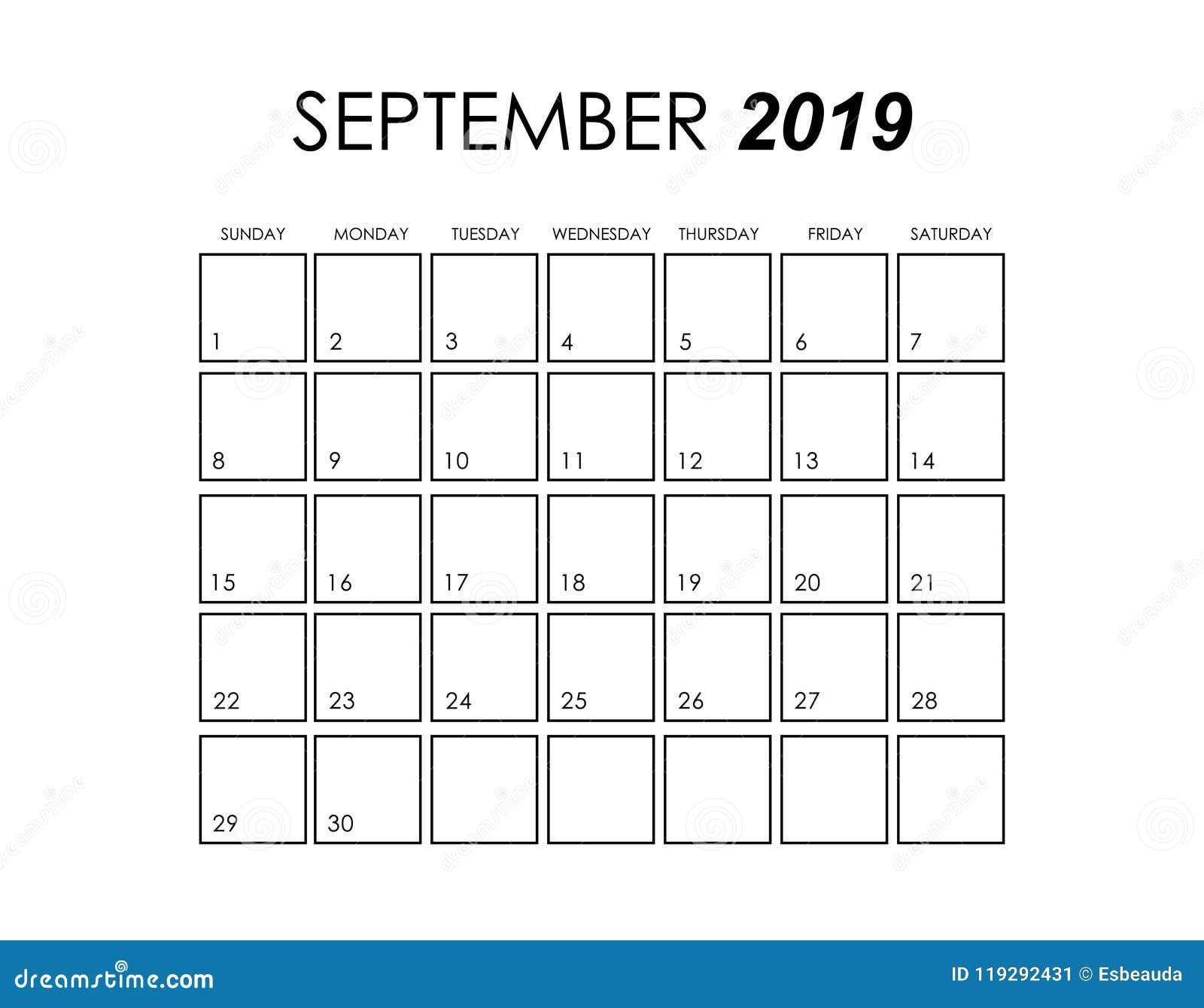 Calendario Para Septiembre De 2019 Stock de ilustración - Ilustración ...