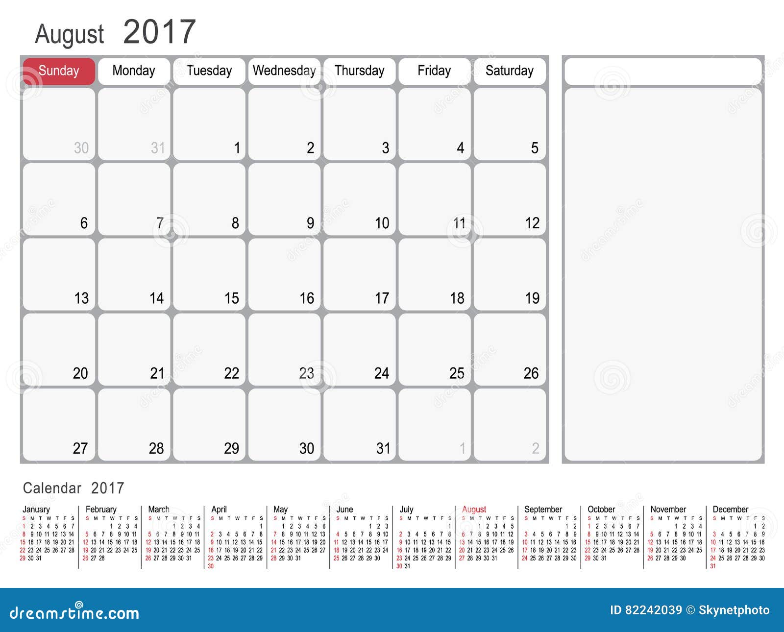 Calendario Planificador Agosto De 2017 Ilustración del Vector ...