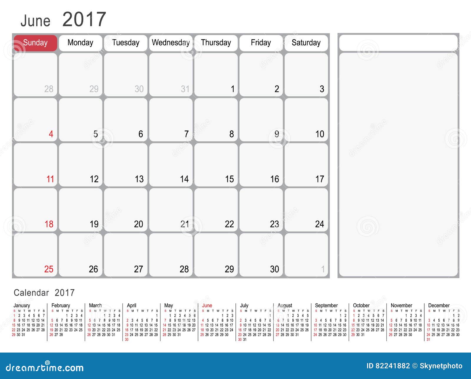 Calendario Planificador Junio De 2017 Ilustración del Vector ...