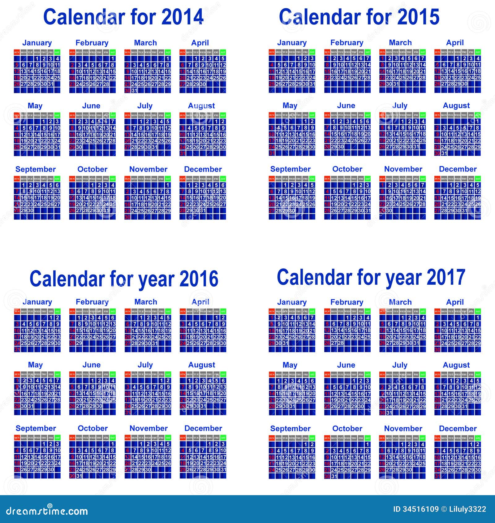 Calendario Por 2014,2015,2016,2017 Años. Stock de ilustración ...