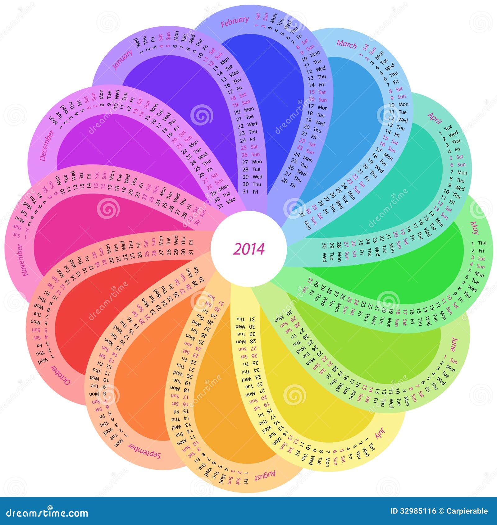 Calendario Redondo Para 2014 En Color Del Arco Iris Ilustración del ...