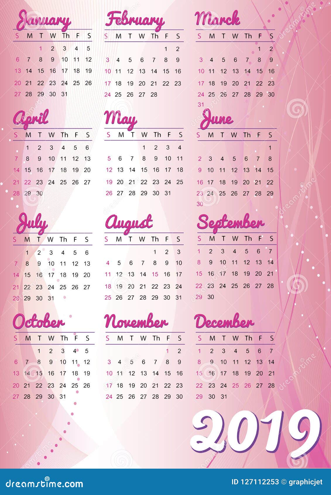 Calendario Rosado De 2019 Ondas Ilustración del Vector - Ilustración de ...