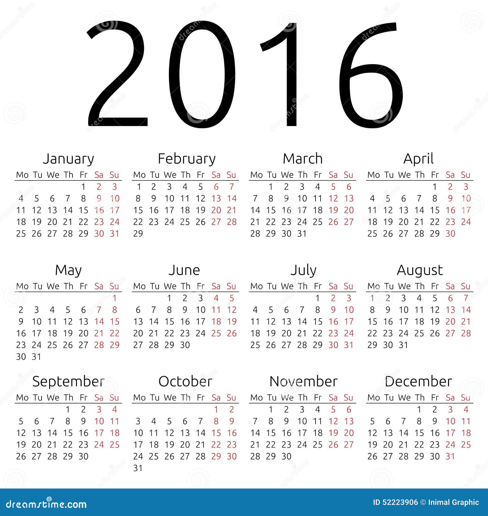 Calendario Simple 2016 Del Vector Ilustración del Vector - Ilustración ...