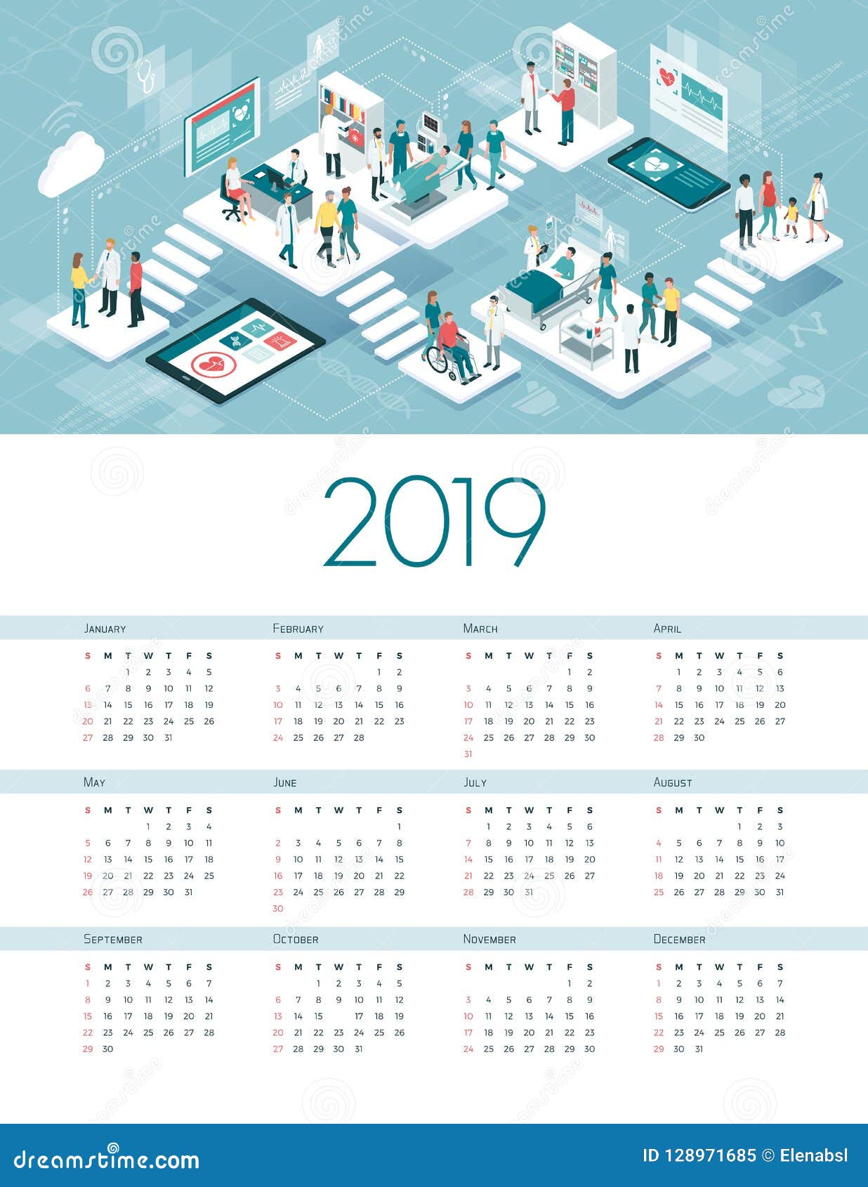 Calendario Virtual 2019 Del Hospital Ilustración del Vector ...