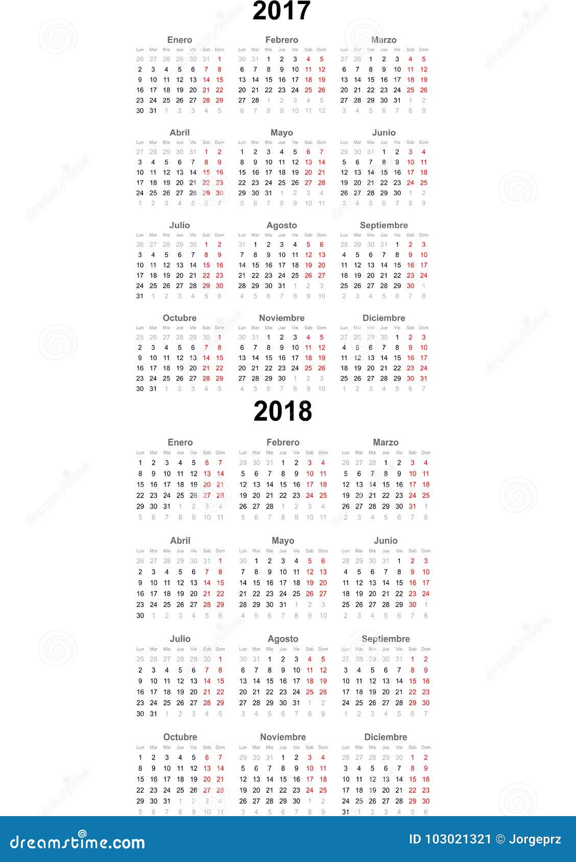 Calendario 2017 Y 2018 En Español Ilustración del Vector - Ilustración ...