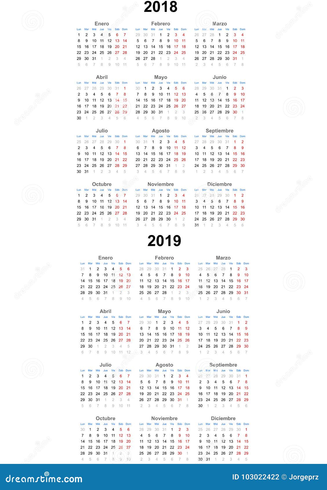 Calendario 2018 Y 2019 En Español Ilustración del Vector - Ilustración ...
