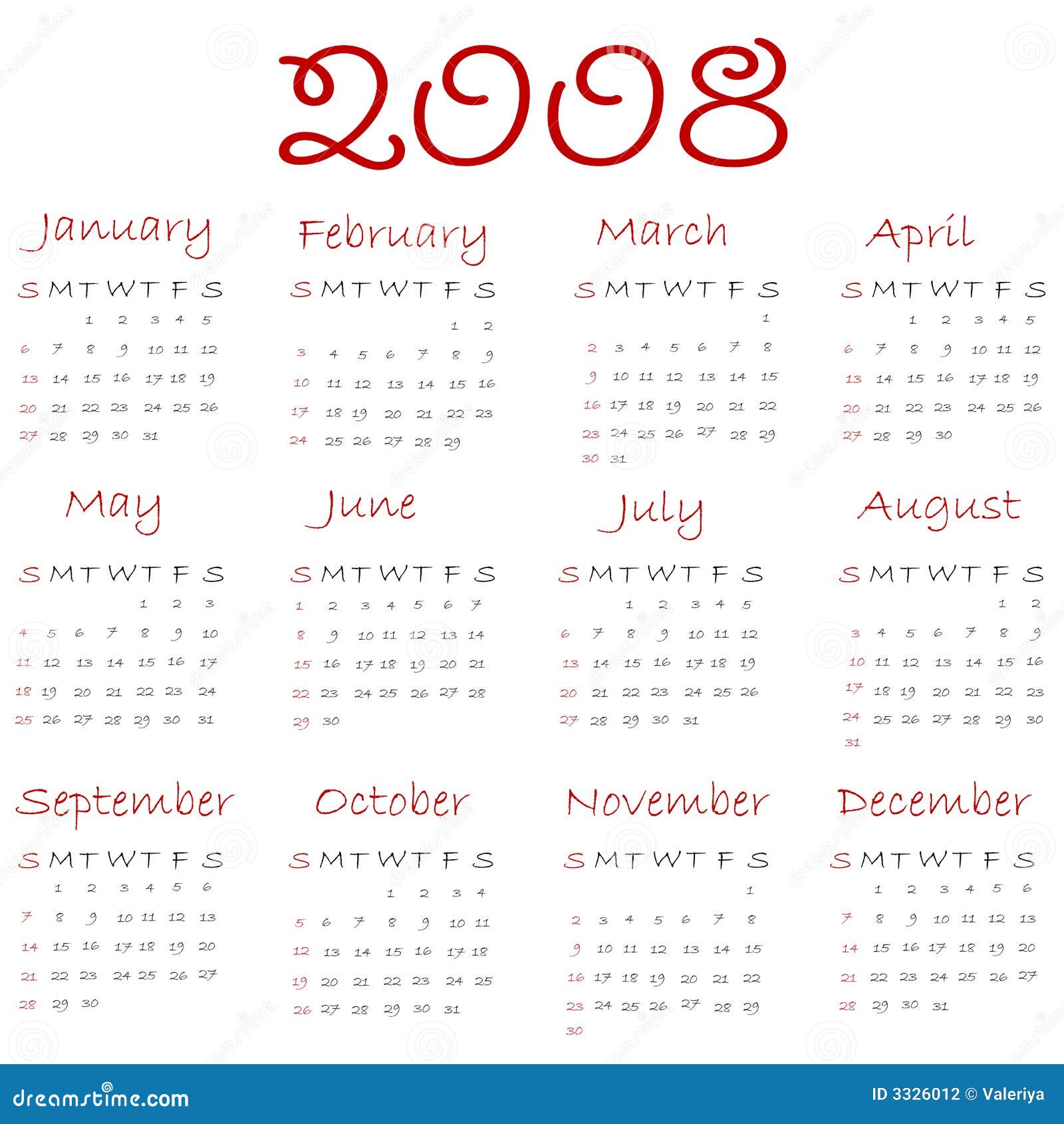 Calendrier 2008 illustration de vecteur. Illustration of numéro - 3326012