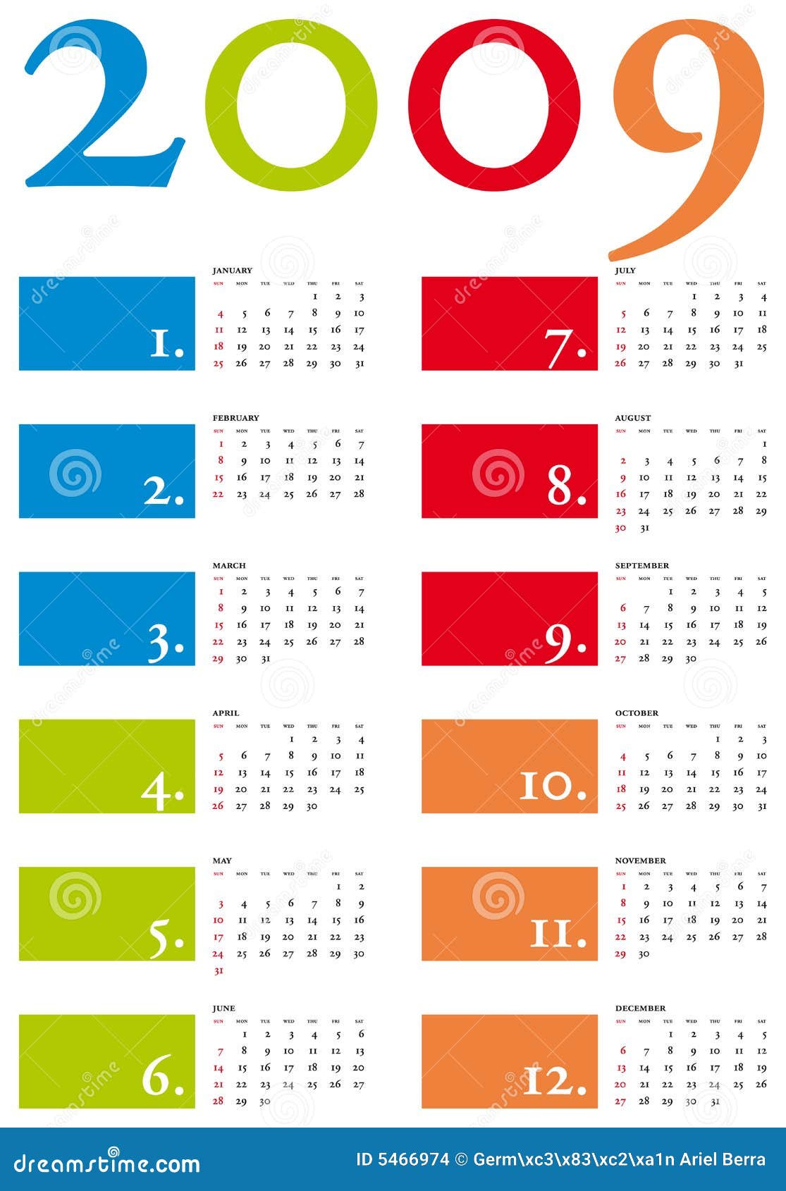 Calendrier 2009 illustration de vecteur. Illustration du couleur - 5466974