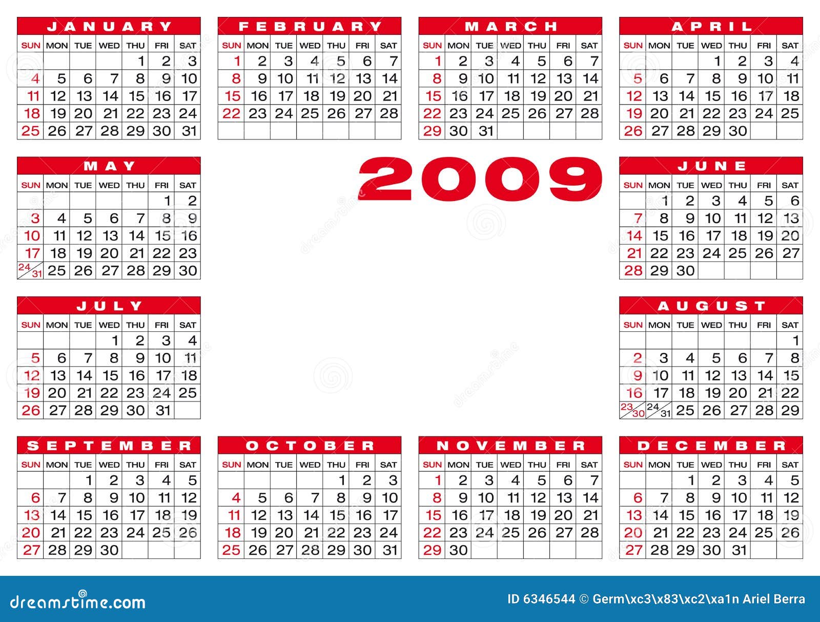 Calendrier 2009 illustration de vecteur. Illustration du rouge - 6346544
