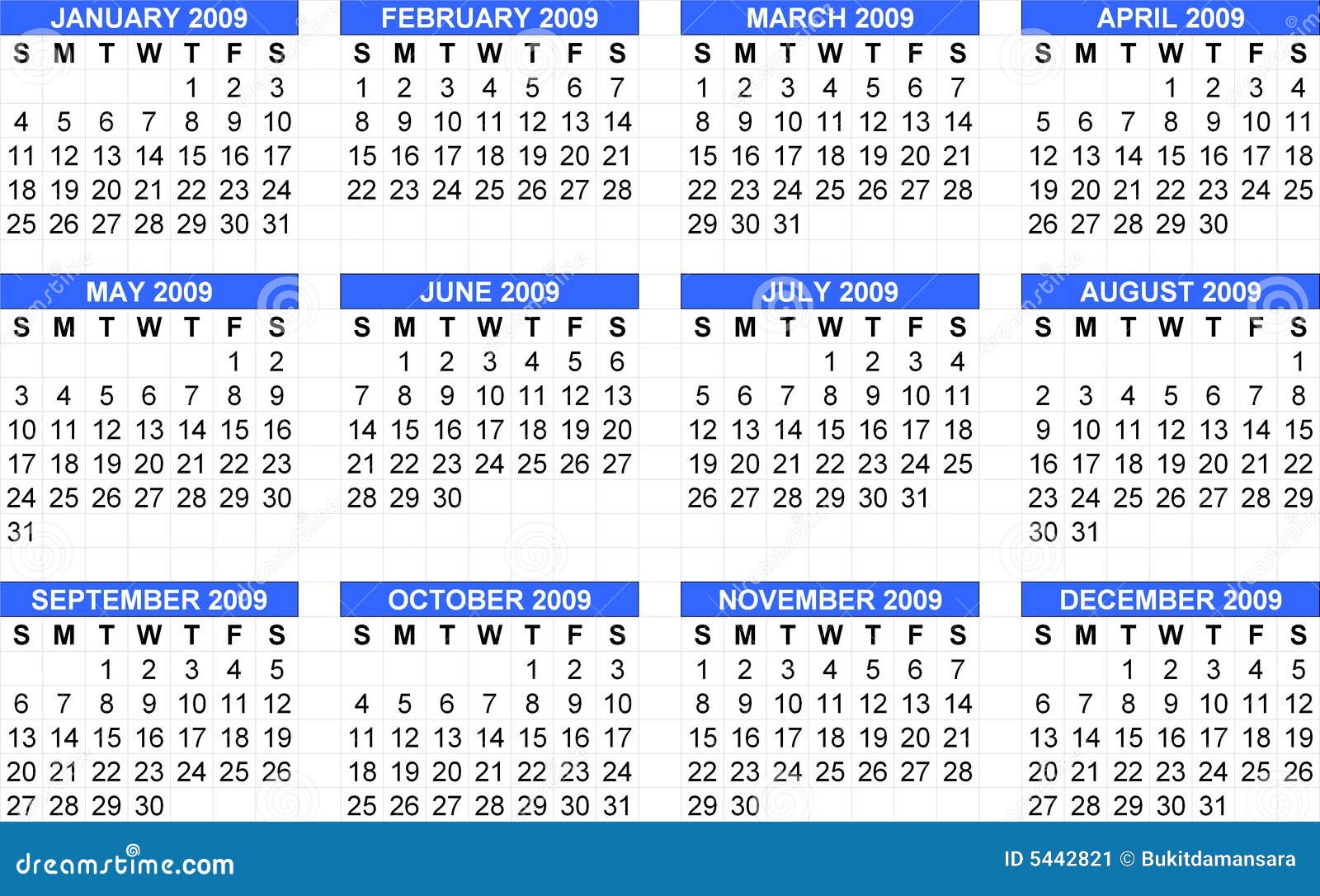 Calendrier 2009, Débuts Dimanche Illustration Stock - Illustration du ...
