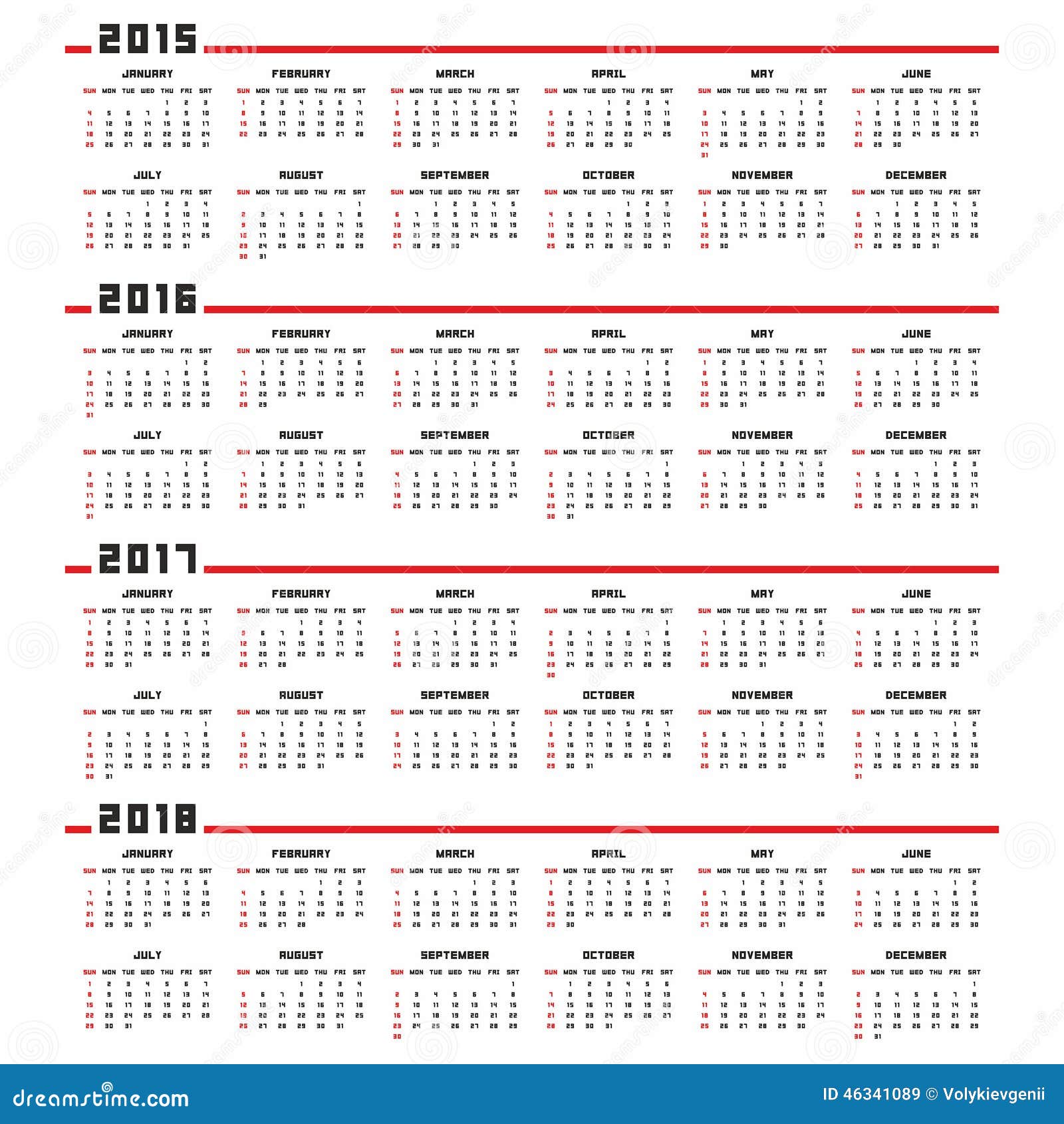 Calendrier 2015, 2016, 2017, 2018 Illustration de Vecteur ...