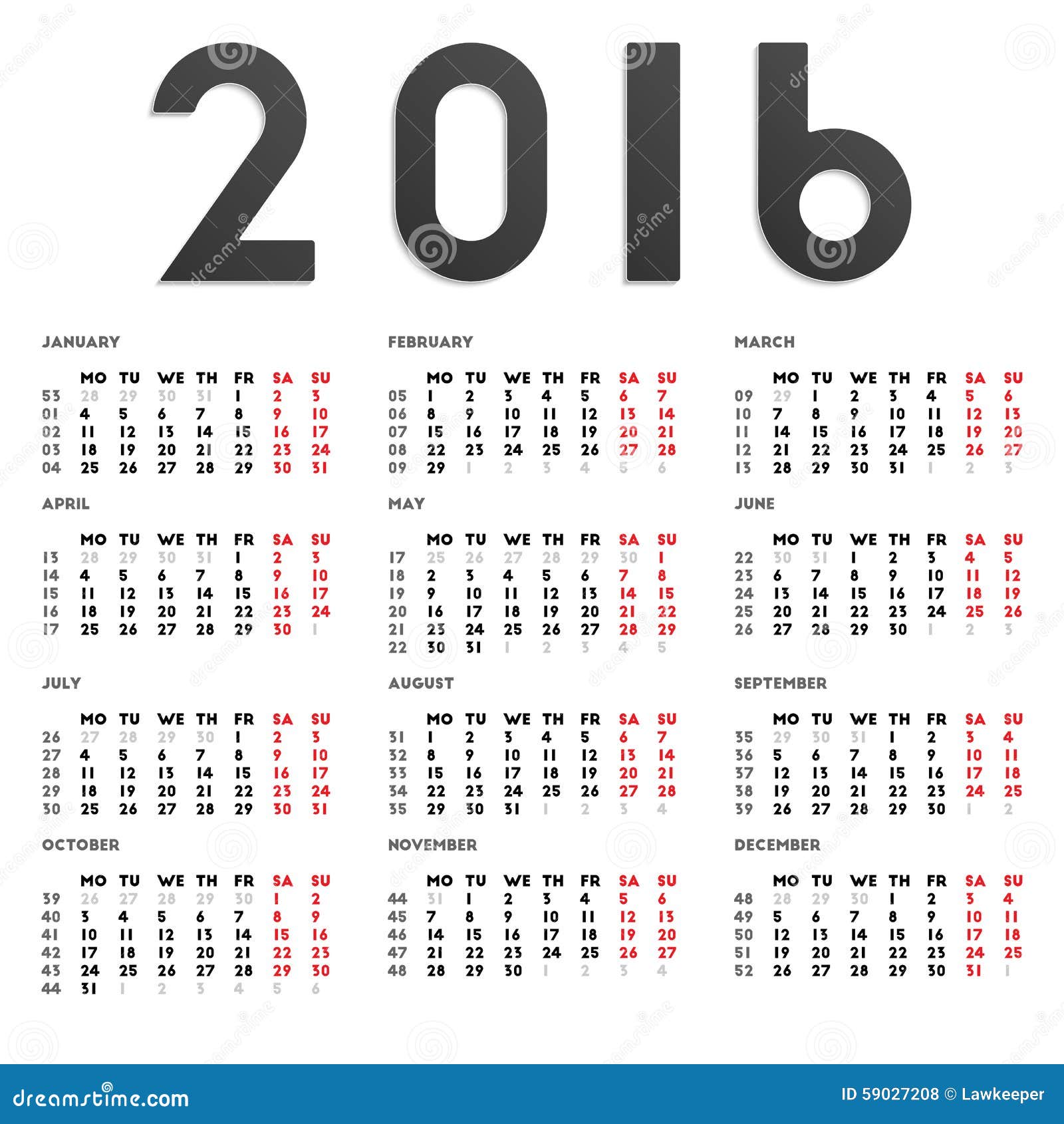 Calendrier 2016 illustration de vecteur. Illustration du février - 59027208