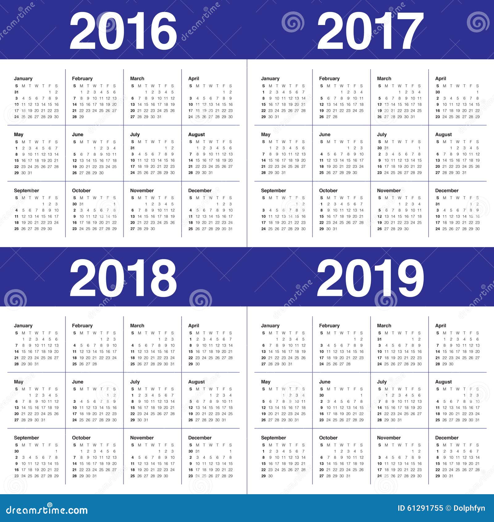 Calendrier 2016 2017 2018 2019 Illustration de Vecteur - Illustration ...