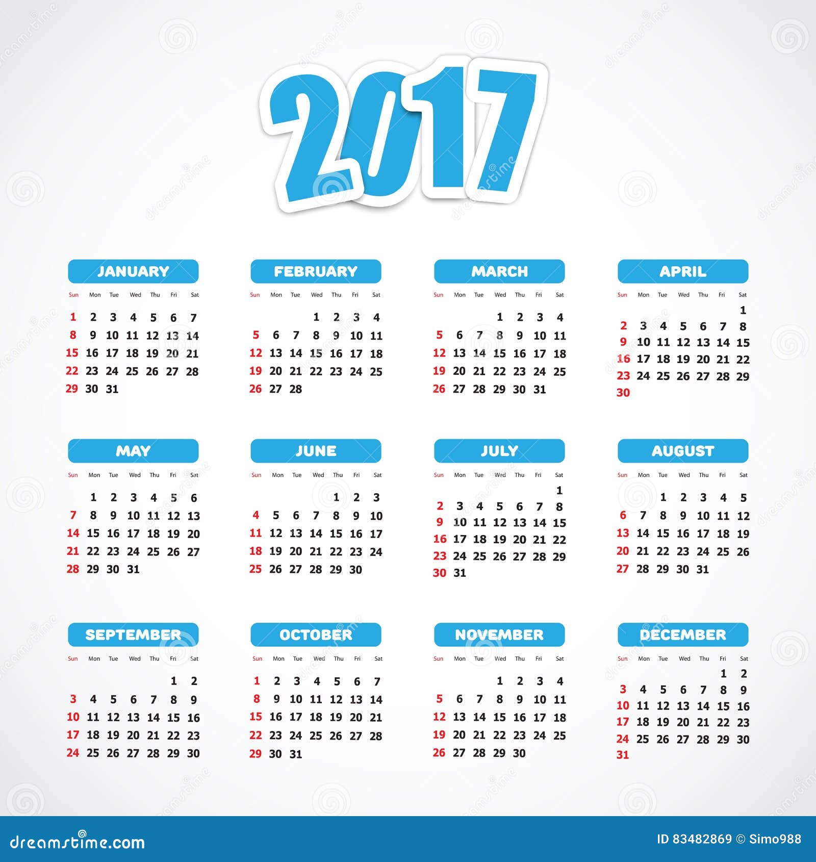 Calendrier 2017 illustration de vecteur. Illustration du janvier - 83482869