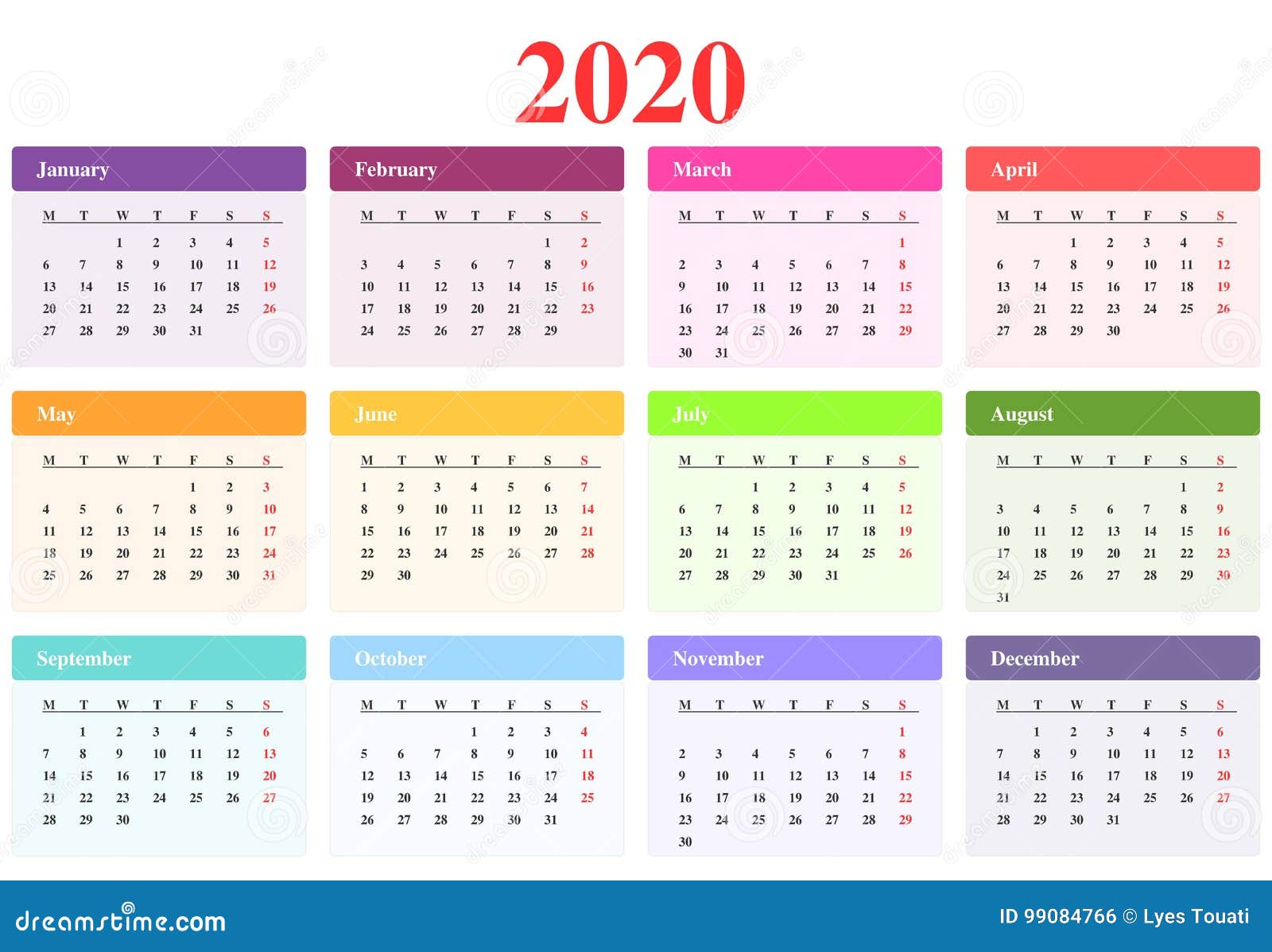 Calendrier 2020 illustration de vecteur. Illustration du lundi - 99084766