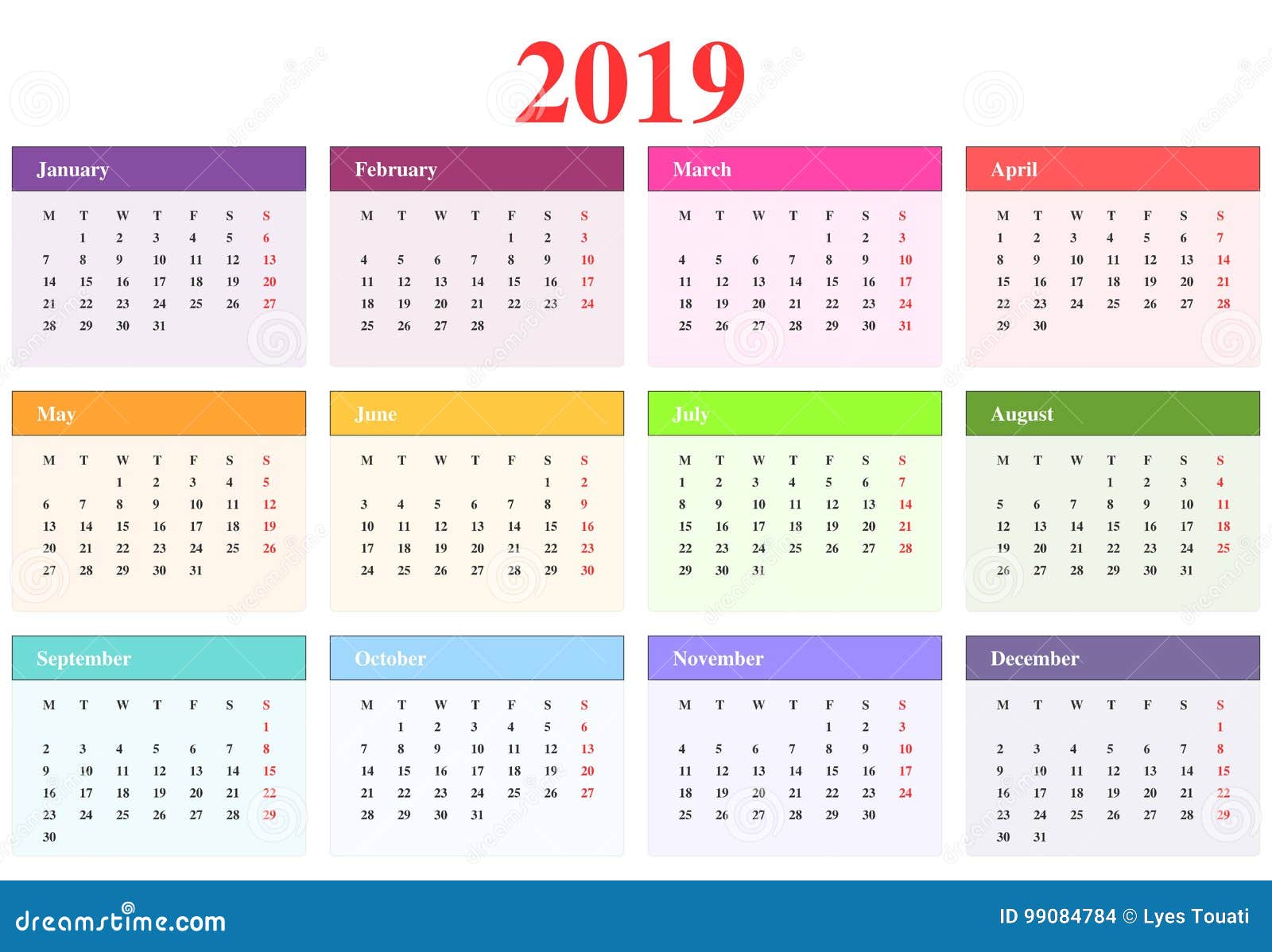 Calendrier 2019 illustration de vecteur. Illustration du calendrier ...