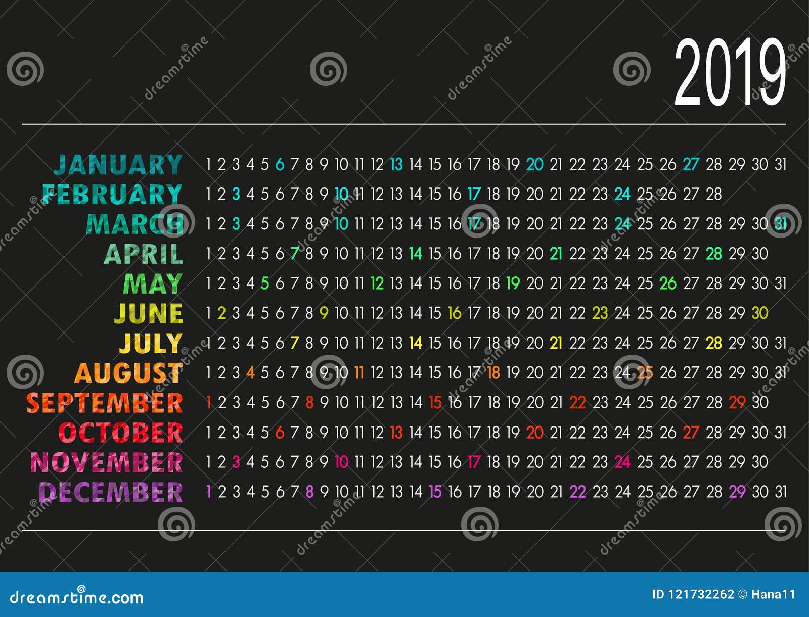 Calendrier anglais 2019 illustration de vecteur. Illustration du ...