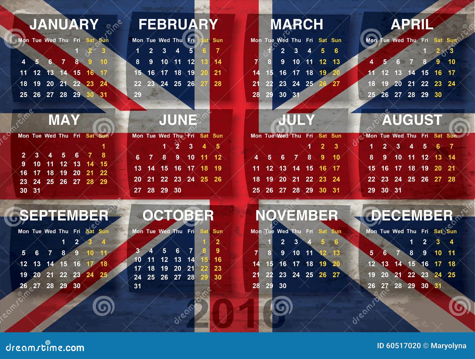 Calendrier anglais 2016 illustration stock. Illustration du ...