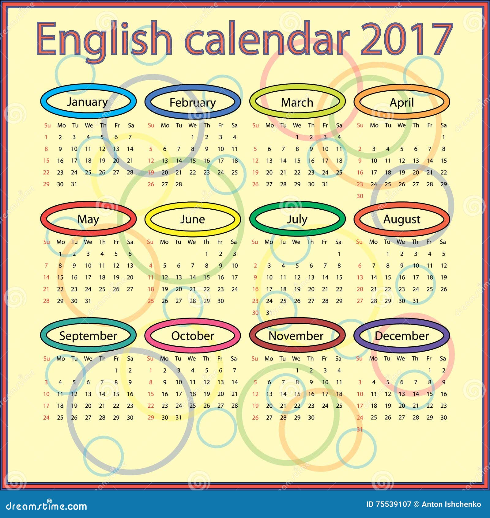 Calendrier anglais 2017 illustration de vecteur. Illustration du ...