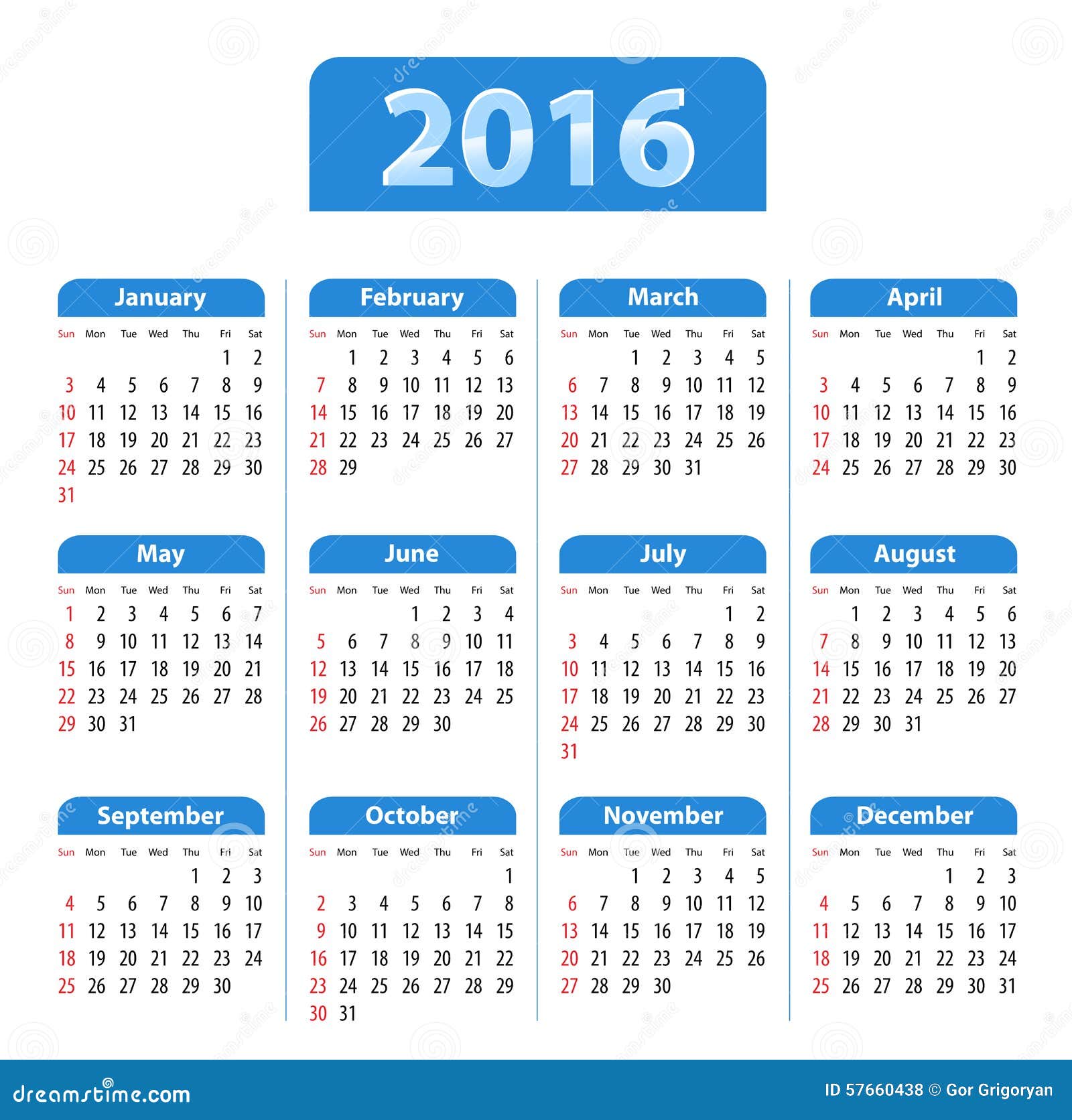 Calendrier Anglais Brillant Bleu Pour 2016 Illustration de Vecteur ...
