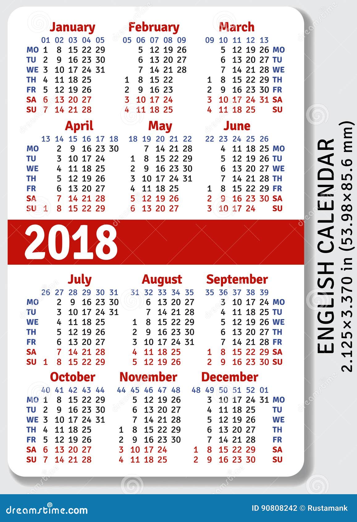 Calendrier Anglais De Poche Pour 2018 Illustration de Vecteur ...