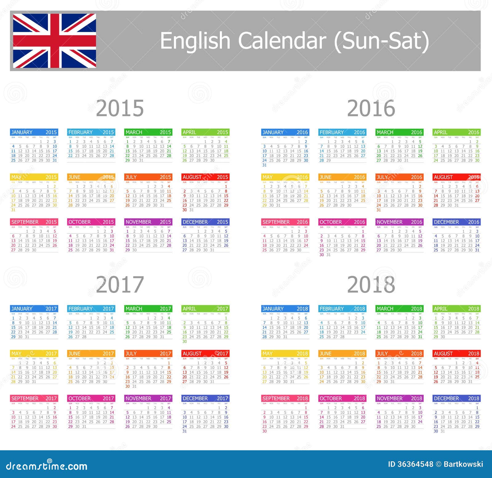 Calendrier 2015-2018 Anglais De Type 1 Sun-SAT Illustration de Vecteur ...