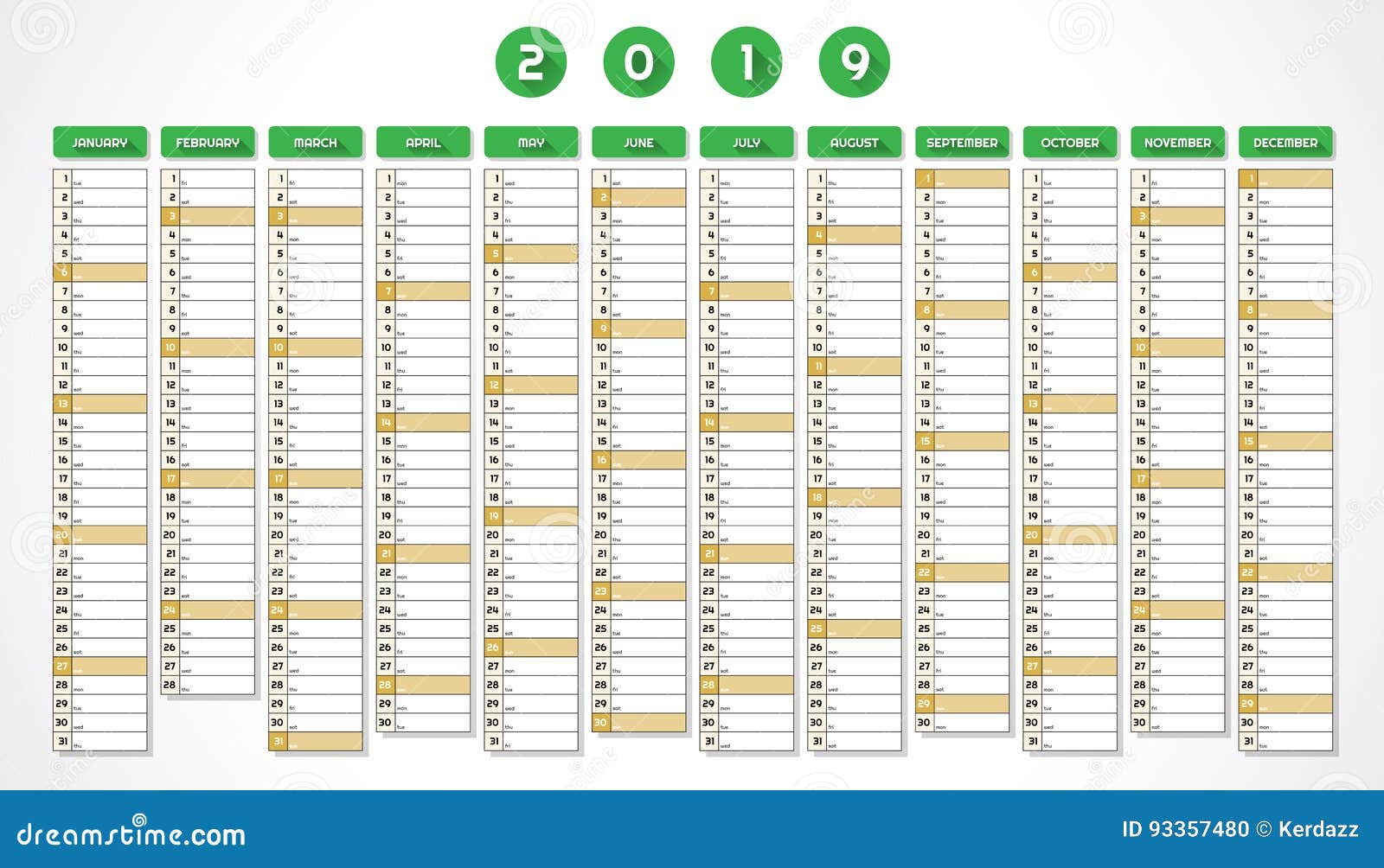Calendrier 2019 d'année illustration de vecteur. Illustration du bureau ...