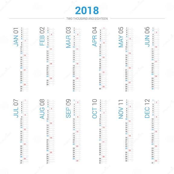 Calendrier 2018 Dans La Conception Verticale Week-end De Dimanche ...