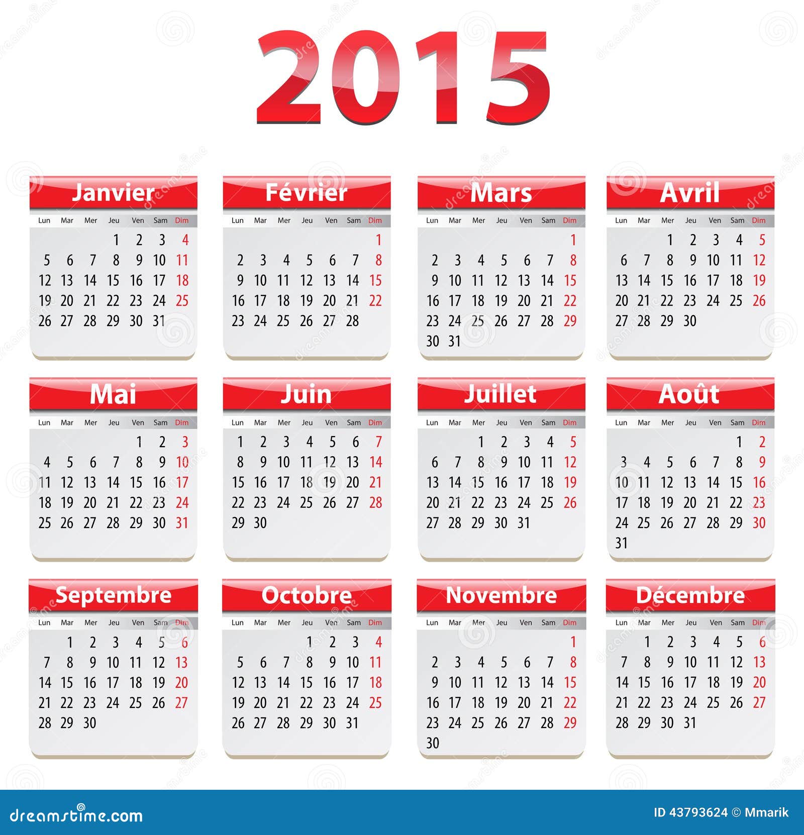 Calendrier De 2015 Français Illustration de Vecteur - Image: 43793624