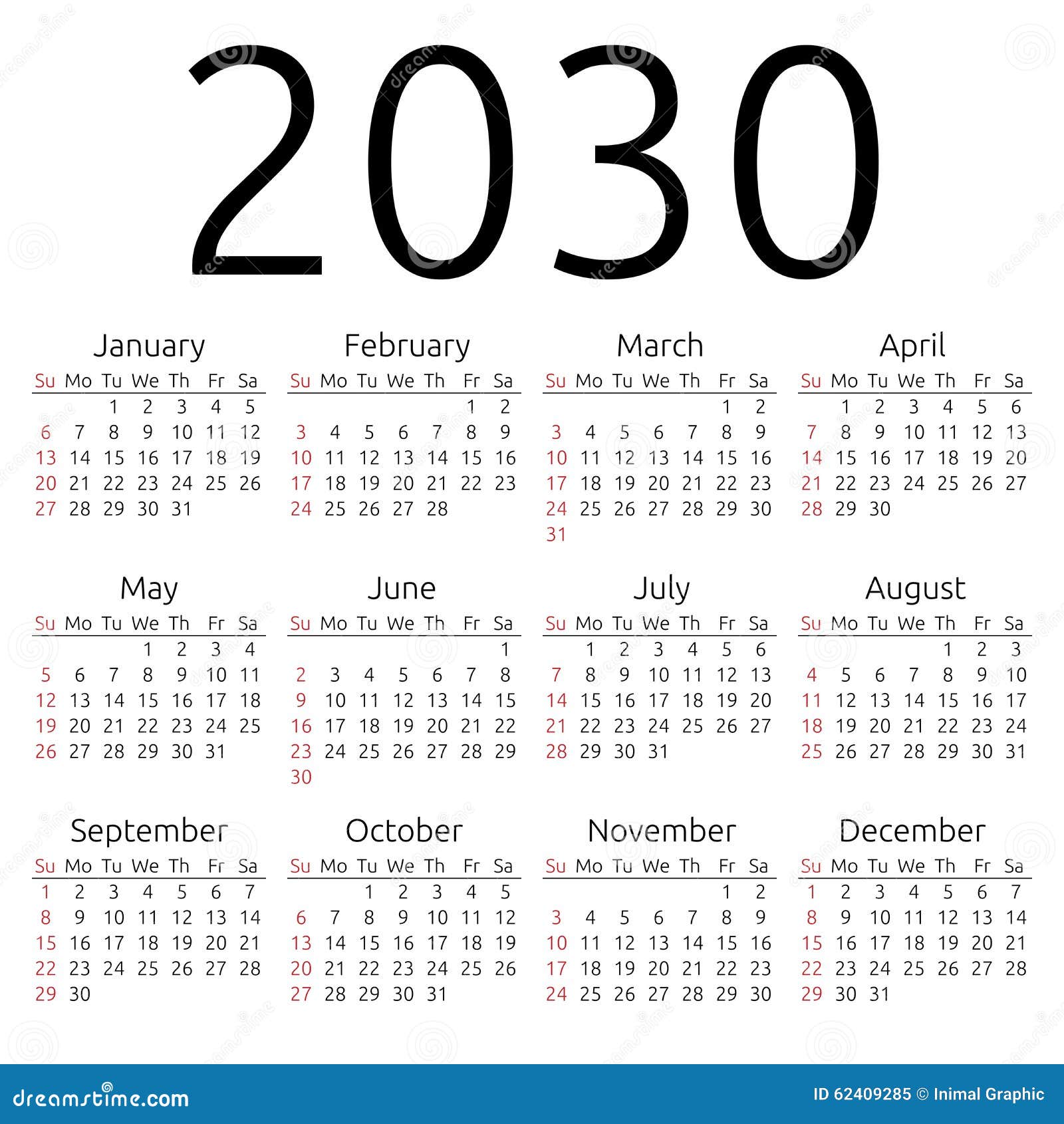 Calendrier 2030, Dimanche De Vecteur Illustration de Vecteur ...
