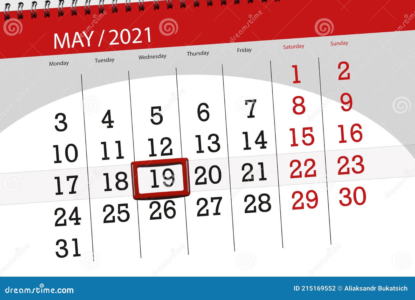 Calendrier Du Mois Mai 2021 Date Limite 19 Mercredi Photo stock - Image ...