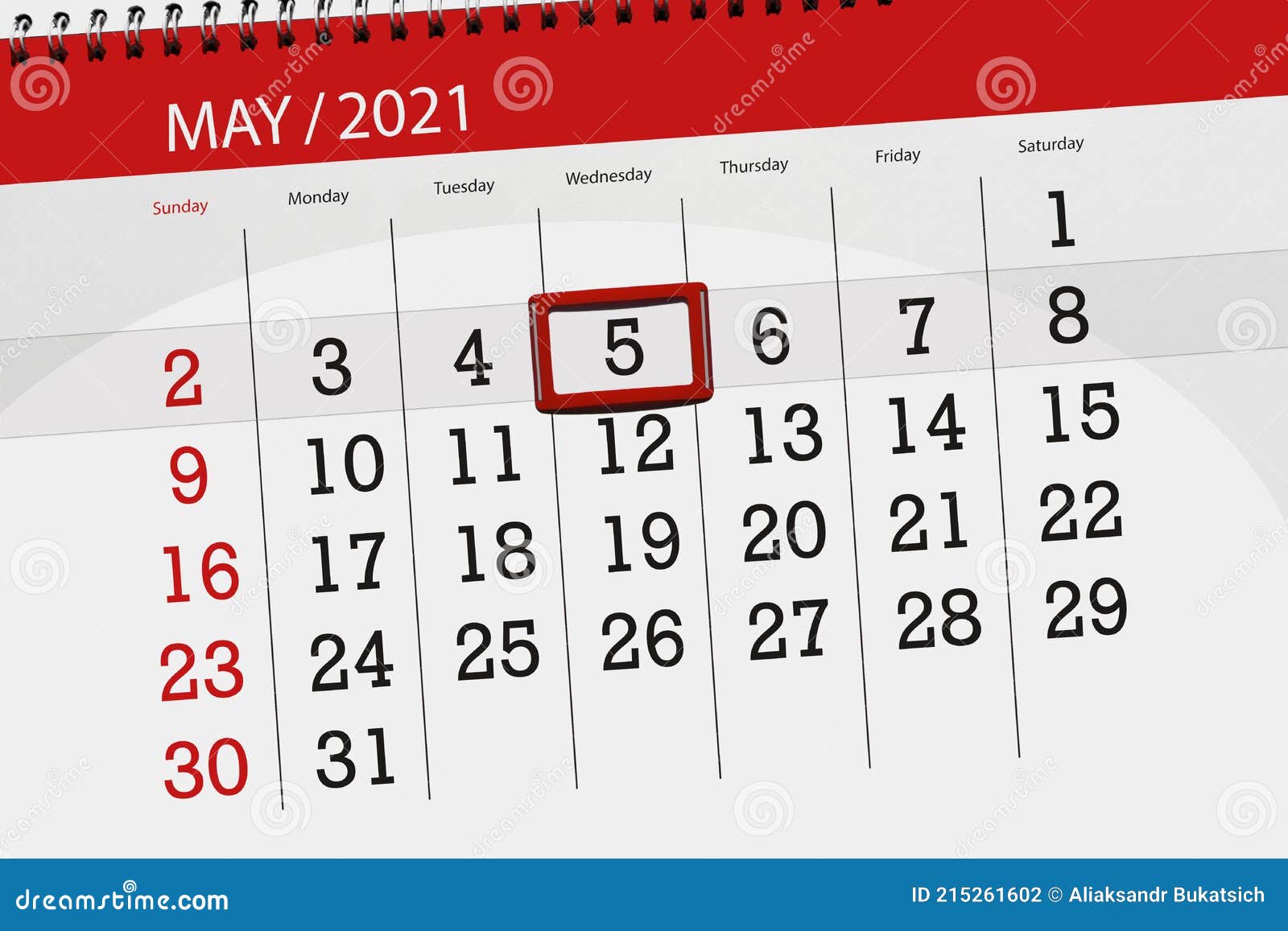 Calendrier Du Mois Mai 2021 Date Limite 5 Mercredi Photo stock - Image ...